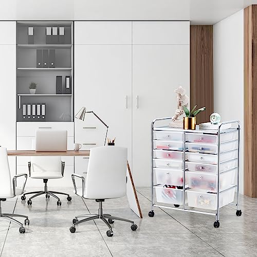 Sapodilla Rolling Storage Cart and Organizer with 12 Plastic Drawers-4 Lockable Casters for School Office Home Beauty Salon(White)