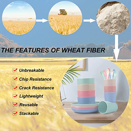 Plastic Plates and Bowls Sets, 20pcs Wheat Straw Dinnerware Sets, Kitchen Plates Cups and Bowls Set, Camping Reusable Plates and Bowls Sets, TIMDAM Lightweight Bowls, Unbreakable Dinner Plates