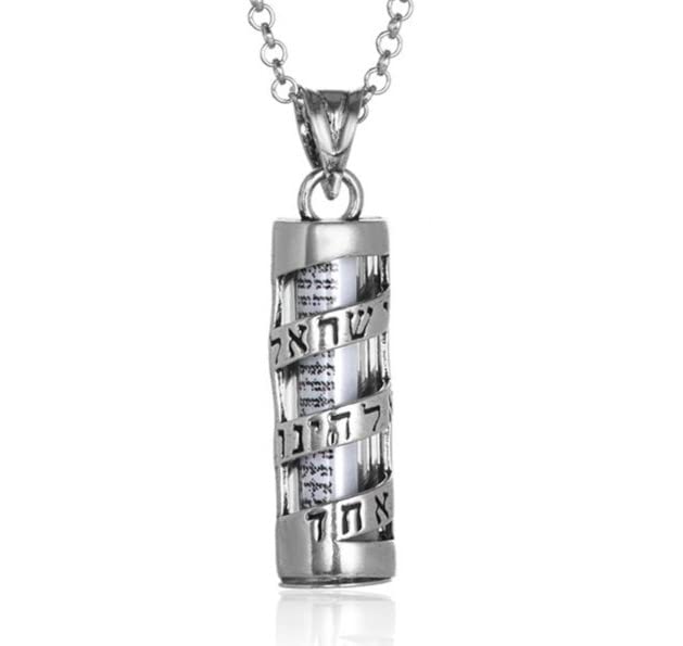 Alef Bet by Paula Mezuzah Shema Israel Hebrew Prayer Necklace Sterling Silver Men and Women on Adjustable Chain with Prayer Inside For Bar Mitzvah, Birthday Presents and Holiday Gifts
