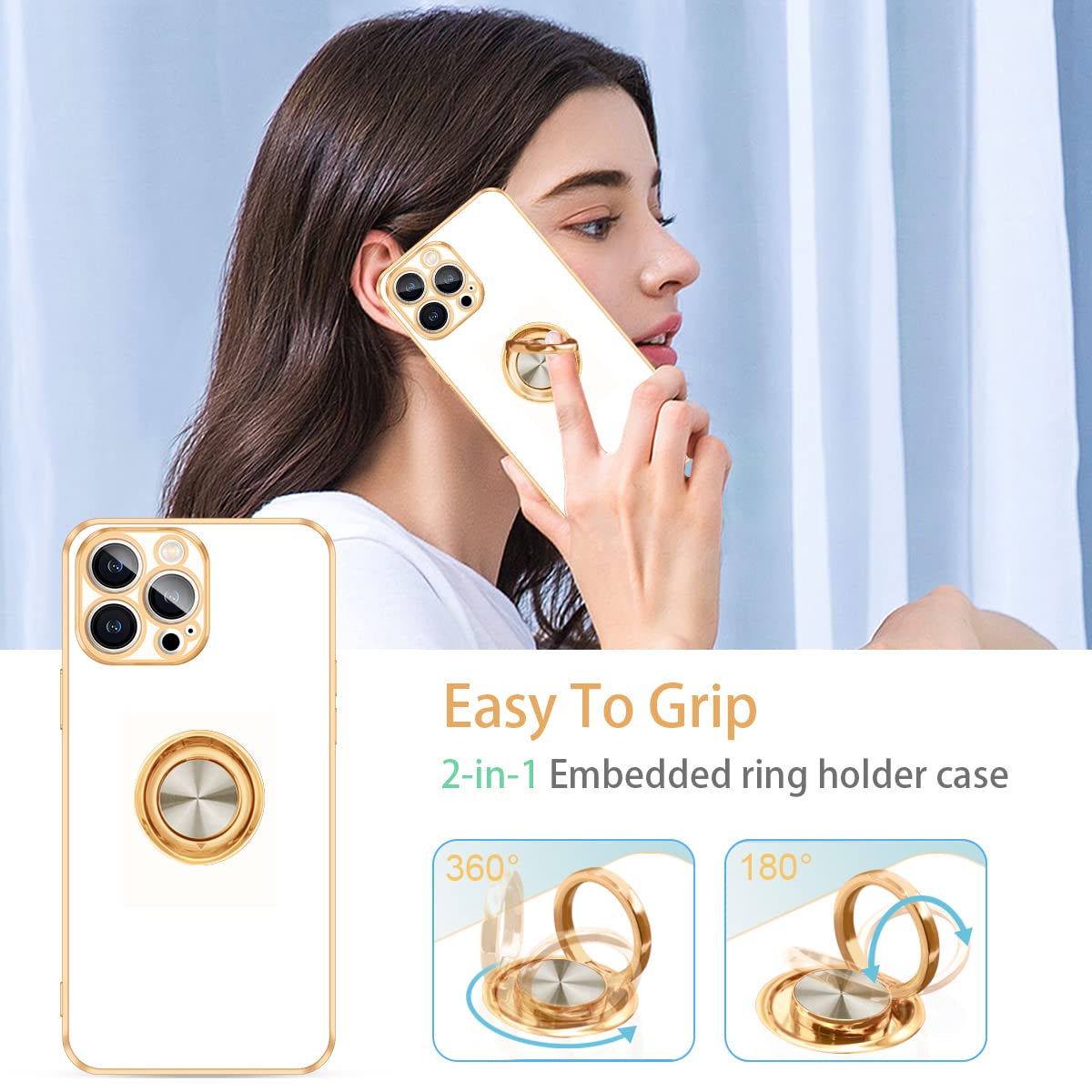 Fingic for iPhone 13 Pro Max Case,for iPhone 13 Pro Max Phone Case with 360°Ring Holder Slim Lightweight Kickstand Magnetic Car Mount for Girls Boys Protective Phone Case for iPhone 13 Pro Max,White
