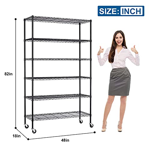 Hudada Garage Shelving 48 inch L×18 inch W×82 inch H Wire Shelving with Wheels Metal Storage Shelves Heavy Duty 6 Tier Adjustable Shelving with Casters for Restaurant Pantry Kitchen Rack - Black