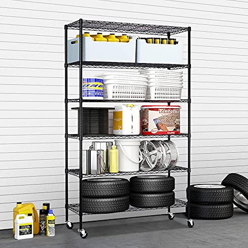 Hudada Garage Shelving 48 inch L×18 inch W×82 inch H Wire Shelving with Wheels Metal Storage Shelves Heavy Duty 6 Tier Adjustable Shelving with Casters for Restaurant Pantry Kitchen Rack - Black