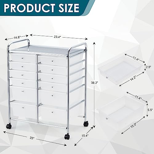 Sapodilla Rolling Storage Cart and Organizer with 12 Plastic Drawers-4 Lockable Casters for School Office Home Beauty Salon(White)