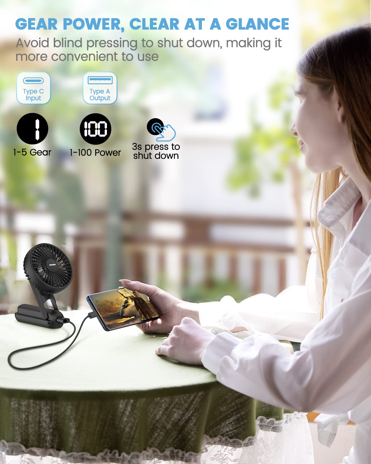 EasyAcc Portable Hand Held Fan, Ultra Quiet 5 Speed Personal Fan, LED Dispay USB C Rechargeable Handheld Fan, 180° Foldable Small Desk Fan, Electric Cooling Fan&PowerBank for Office Home Travel