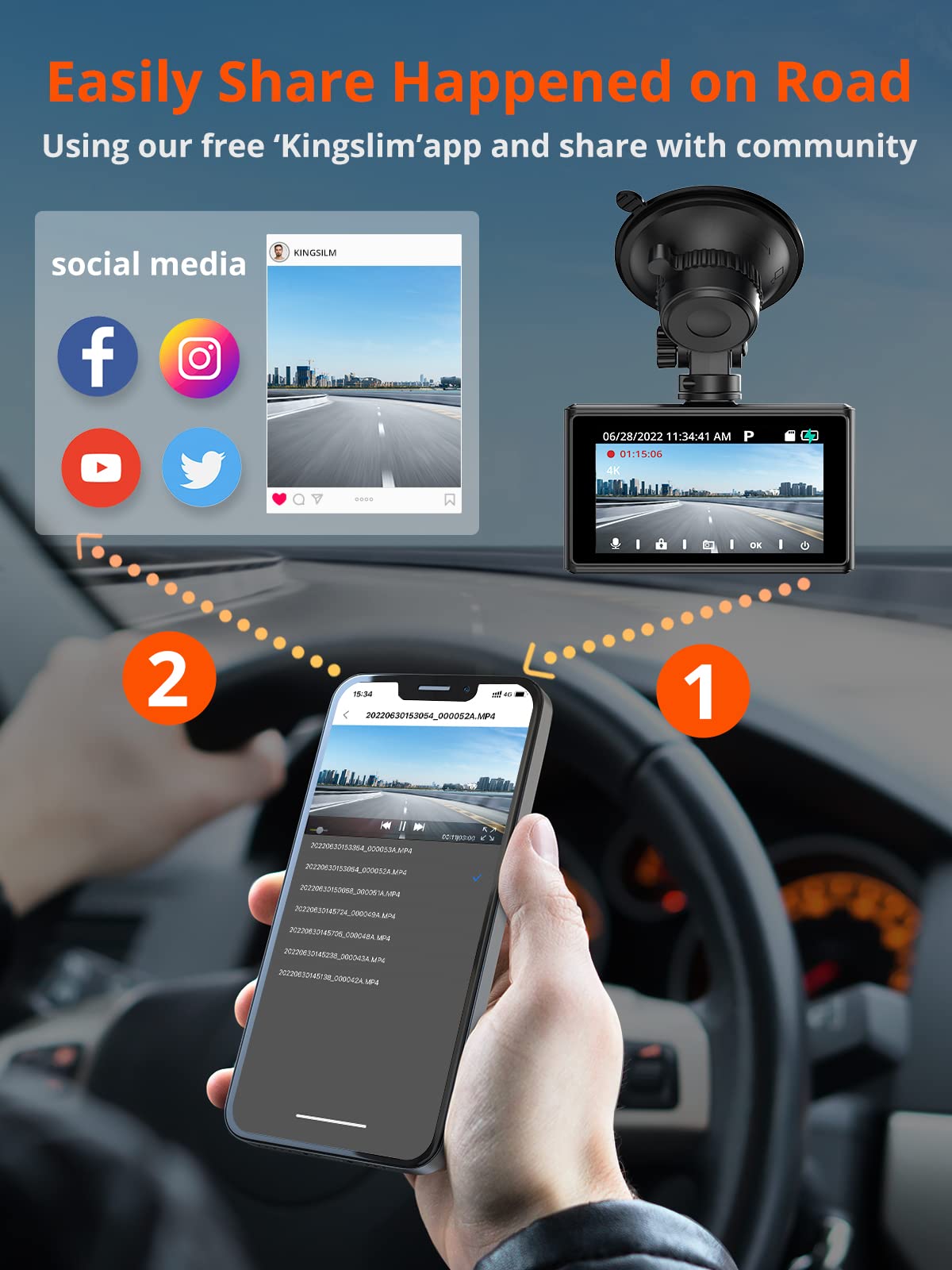 4K Dash Cam Front and Rear with WiFi - Kingslim D2 Pro 4K Front and 1080P Rear Dual Dash Cam for Cars, Dashboard Camera with Night Vision and Parking Monitor, Black, 256GB Supported[Upgraded Version]