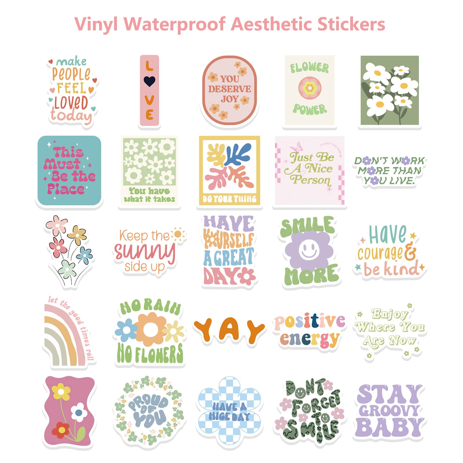 Cute Preppy Stickers 50 Pcs, Pastel Inspirational Stickers, Vinyl Waterproof Aesthetic Motivational Stickers for Water Bottles Laptop Phone Computer Guitar