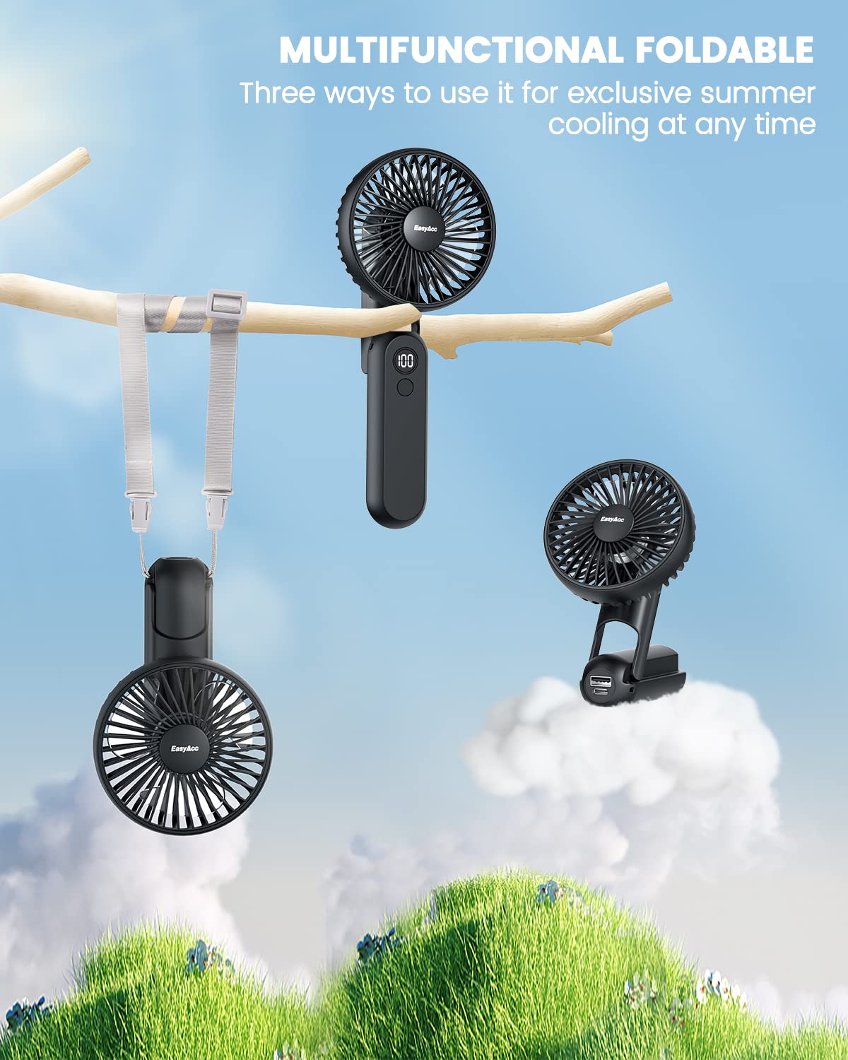 EasyAcc Portable Hand Held Fan, Ultra Quiet 5 Speed Personal Fan, LED Dispay USB C Rechargeable Handheld Fan, 180° Foldable Small Desk Fan, Electric Cooling Fan&PowerBank for Office Home Travel