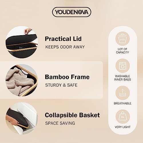 YOUDENOVA 145L Double Laundry Hamper with Lid, Black Laundry Basket with Lid & Removable Bag, Collapsible Laundry Basket Organizer, Dirty Clothes Hamper with Lid for Bedroom, Living Room