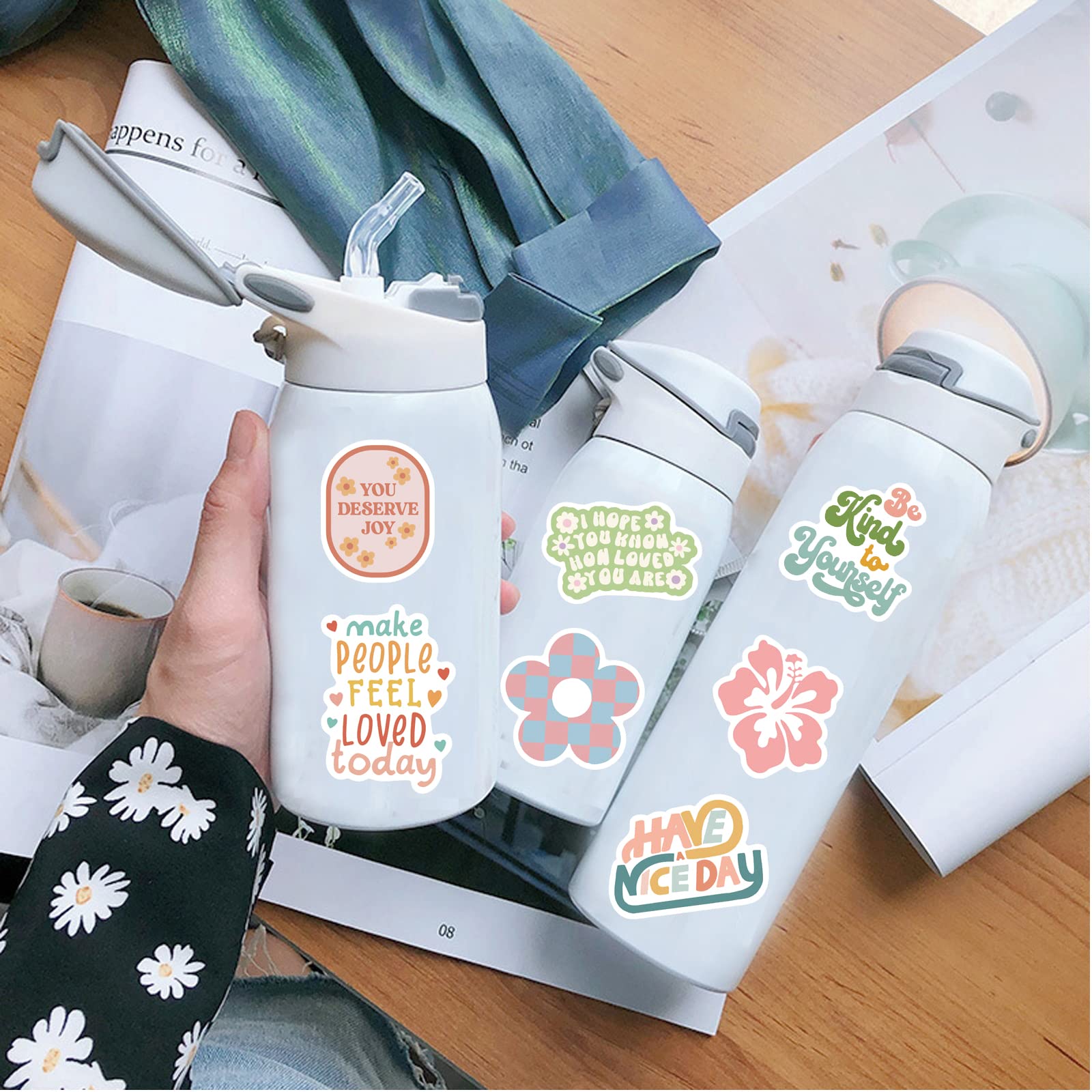 Cute Preppy Stickers 50 Pcs, Pastel Inspirational Stickers, Vinyl Waterproof Aesthetic Motivational Stickers for Water Bottles Laptop Phone Computer Guitar