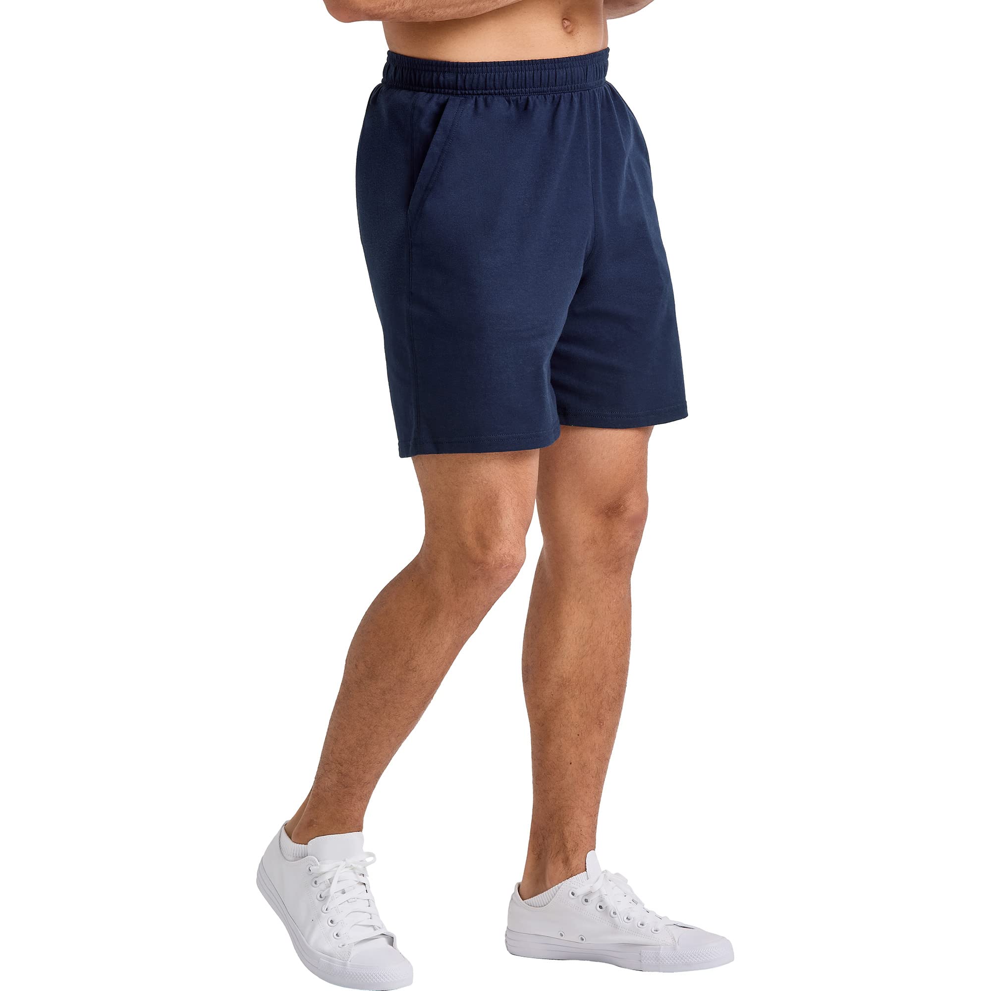 Hanes Men's Originals Cotton Pockets, Pull-On Jersey Gym Shorts, 7", Athletic Navy