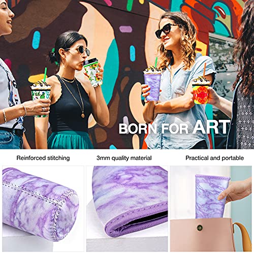 3 Pack Iced Coffee Cup Sleeve for Large Sized Cups, Reusable Neoprene Iced Coffee Cup Holder for Hot Cold Drinks, Compatible with Starbucks, Dunkin Donuts, and More(Purple Marble)