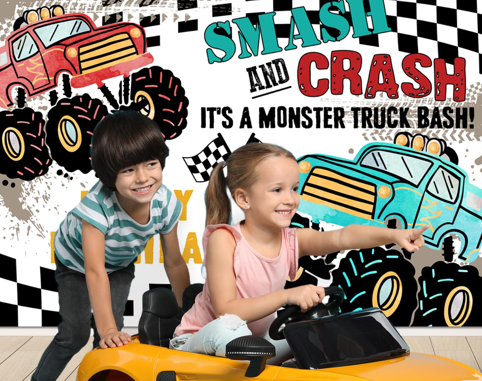 Ticuenicoa Grave Digger Monster Truck Birthday Backdrop - 5x3ft Flame Design Photo Booth Background for Boys, Kids Party Decorations Banner & Props Supplies