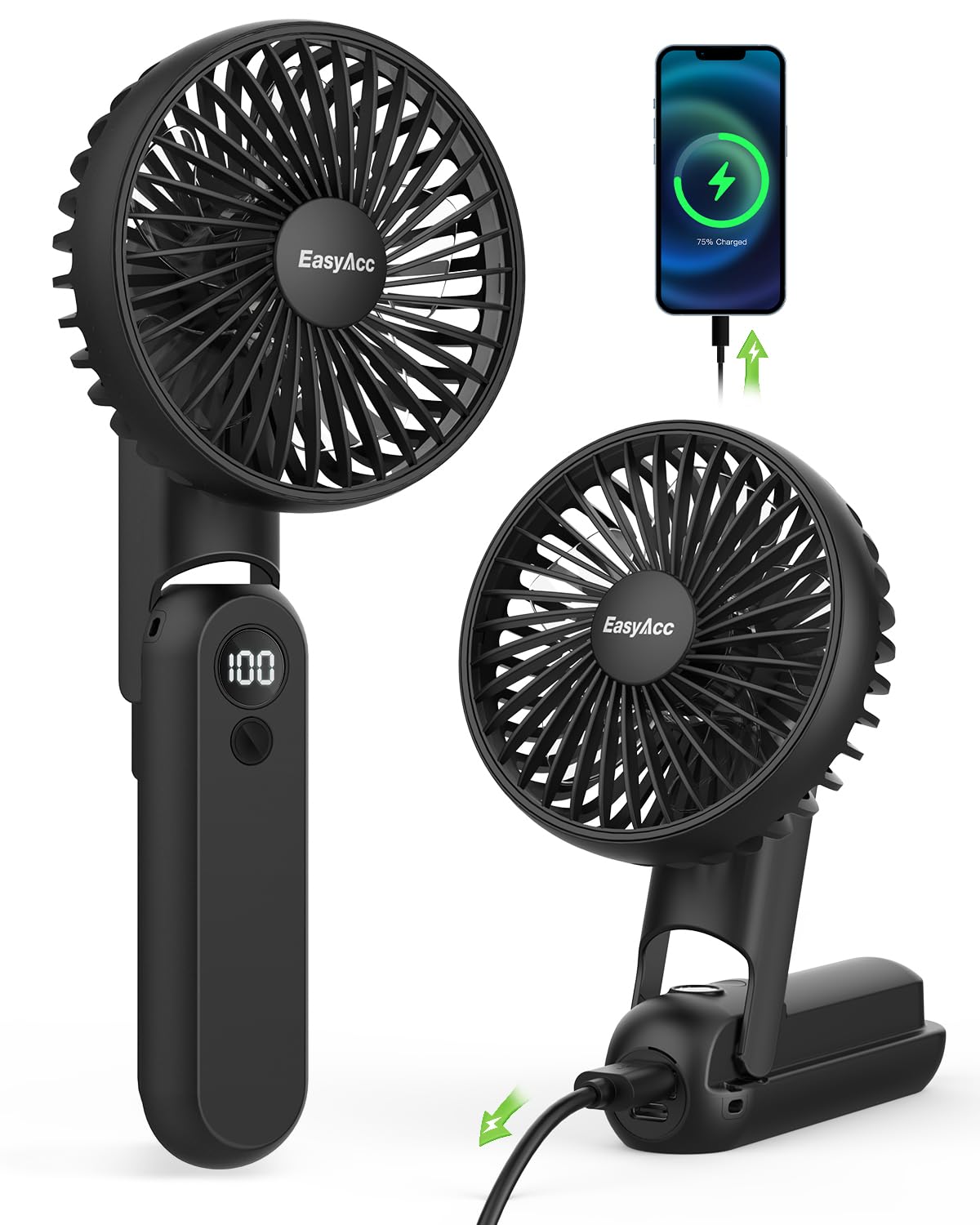 EasyAcc Portable Hand Held Fan, Ultra Quiet 5 Speed Personal Fan, LED Dispay USB C Rechargeable Handheld Fan, 180° Foldable Small Desk Fan, Electric Cooling Fan&PowerBank for Office Home Travel