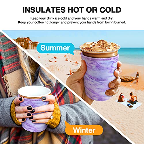 3 Pack Iced Coffee Cup Sleeve for Large Sized Cups, Reusable Neoprene Iced Coffee Cup Holder for Hot Cold Drinks, Compatible with Starbucks, Dunkin Donuts, and More(Purple Marble)