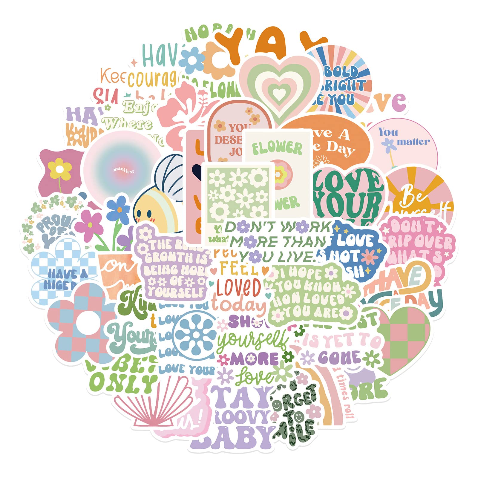 Cute Preppy Stickers 50 Pcs, Pastel Inspirational Stickers, Vinyl Waterproof Aesthetic Motivational Stickers for Water Bottles Laptop Phone Computer Guitar