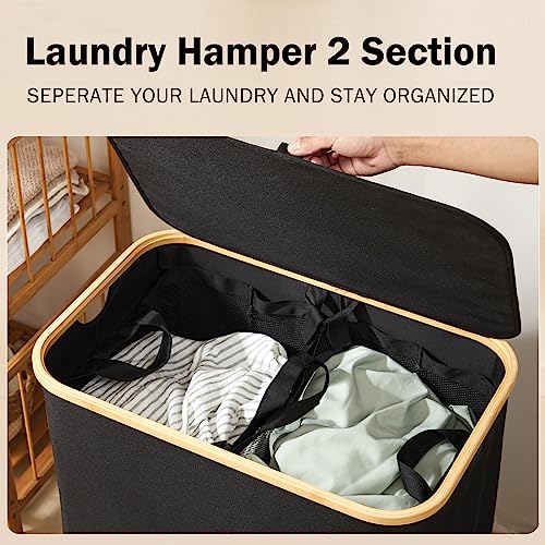YOUDENOVA 145L Double Laundry Hamper with Lid, Black Laundry Basket with Lid & Removable Bag, Collapsible Laundry Basket Organizer, Dirty Clothes Hamper with Lid for Bedroom, Living Room
