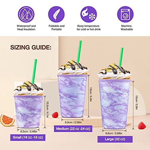 3 Pack Iced Coffee Cup Sleeve for Large Sized Cups, Reusable Neoprene Iced Coffee Cup Holder for Hot Cold Drinks, Compatible with Starbucks, Dunkin Donuts, and More(Purple Marble)