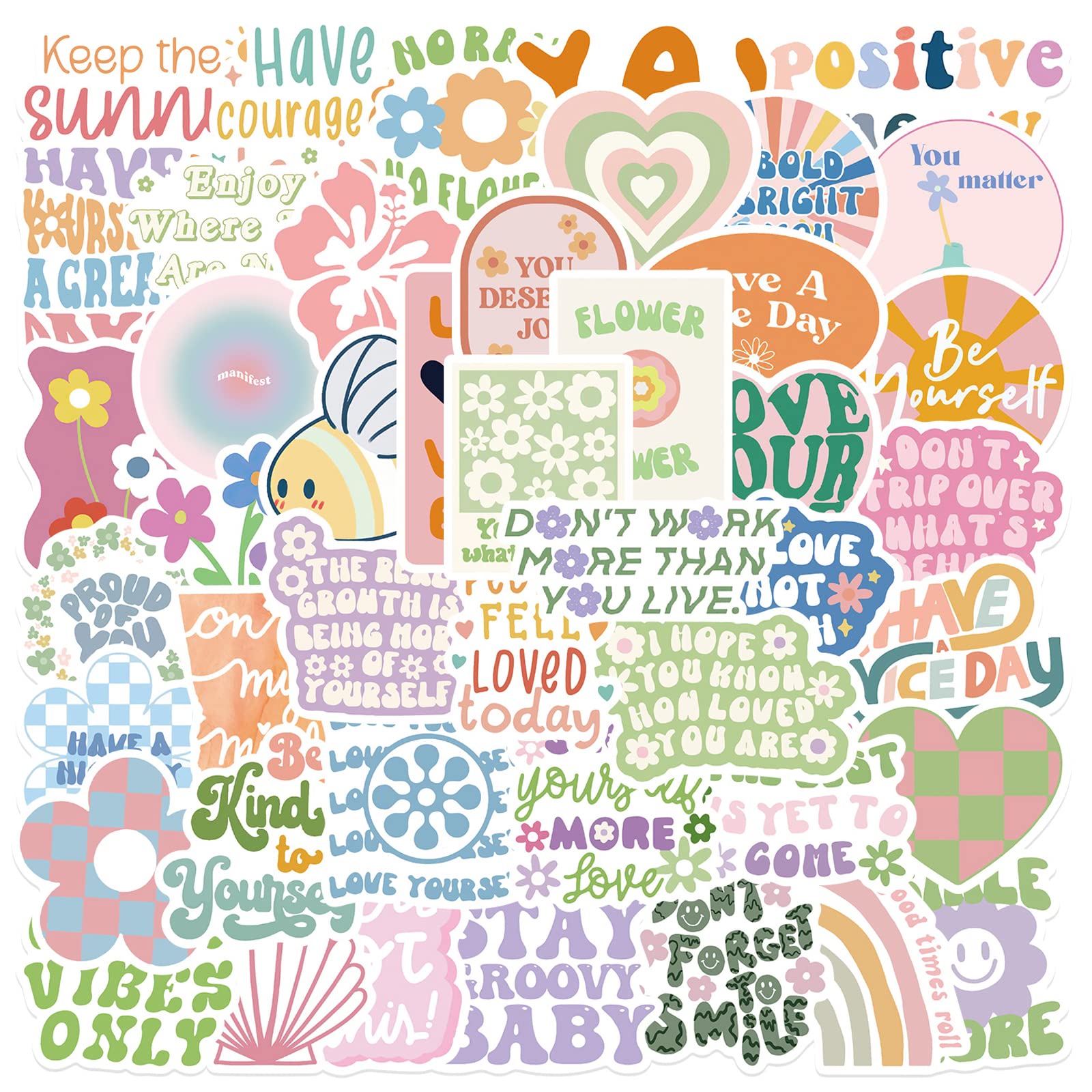 Cute Preppy Stickers 50 Pcs, Pastel Inspirational Stickers, Vinyl Waterproof Aesthetic Motivational Stickers for Water Bottles Laptop Phone Computer Guitar