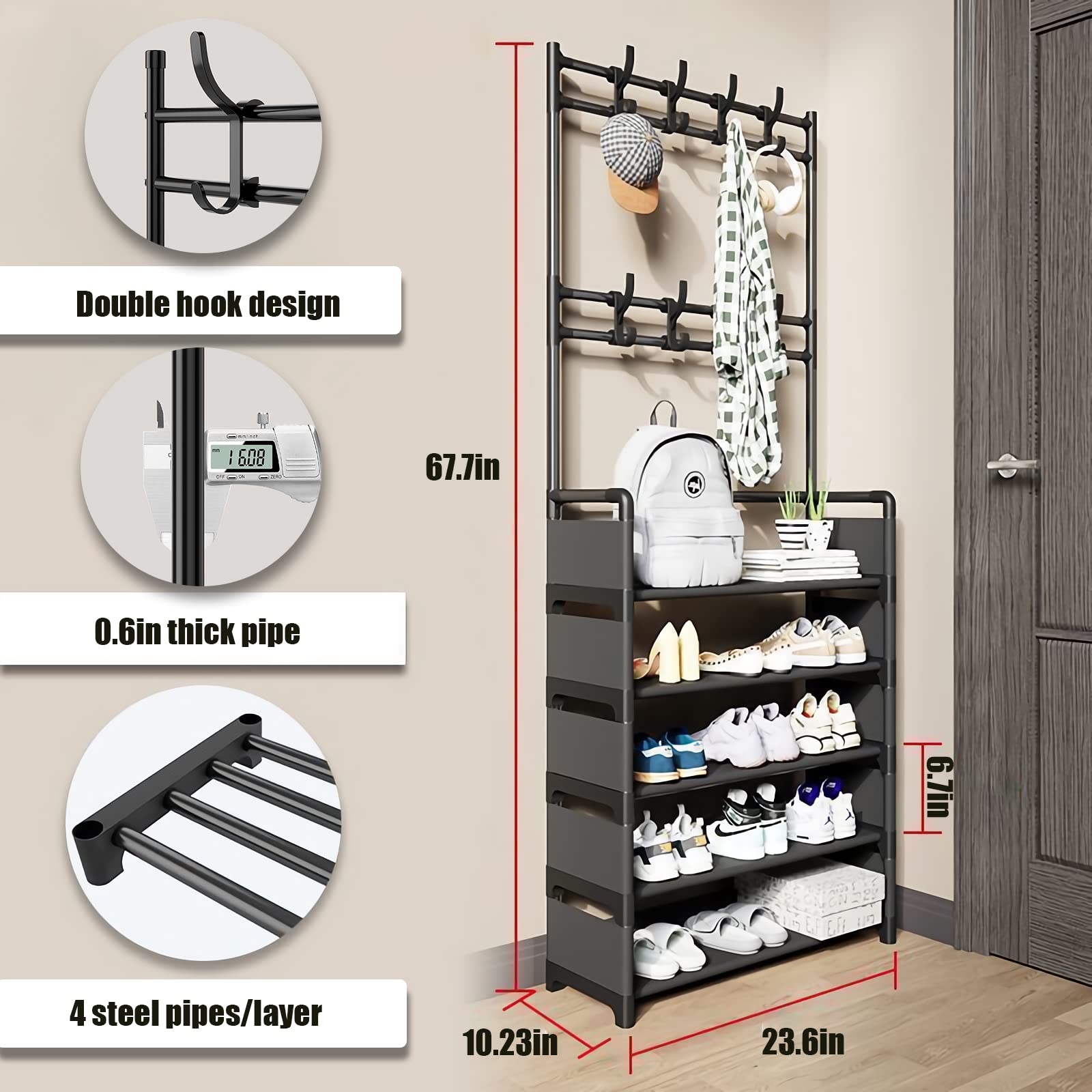 AriceHou 5-Tier Coat and Shoe Rack,Entryway Coat Rack Hallway Bench Storage Organizer with 8 Hooks and Side cloth for Living Room,Bedroom,Office Hall Trees