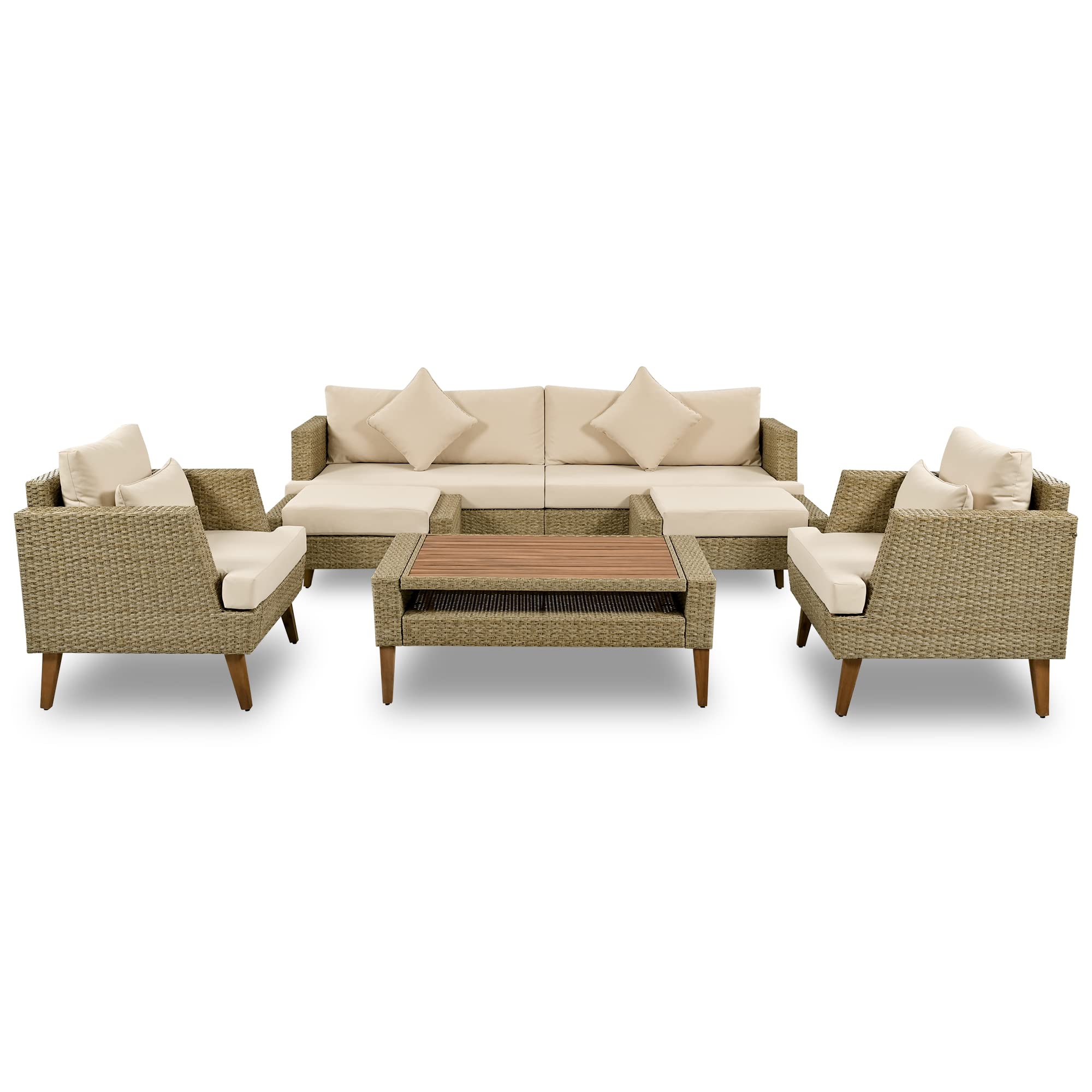Merax 6-Pieces All Weather PE Wicker Sofa Set, Outdoor Rattan Sofa with Double Cushions, Wood Legs Wood Table Top