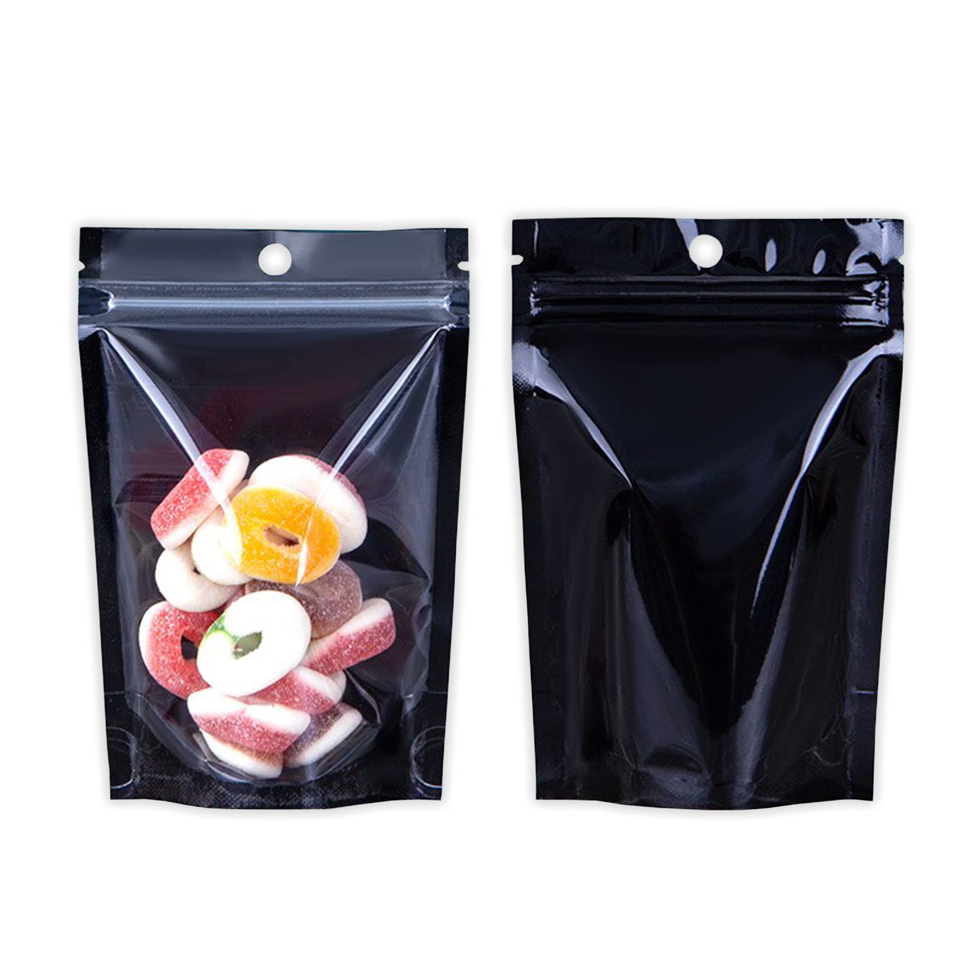 50 Bags Black/Clear Resealable Heat Sealable Stand Up Pouch Food Storage Bags with Tear Notch (1 oz - (3.5 in x 5 in))