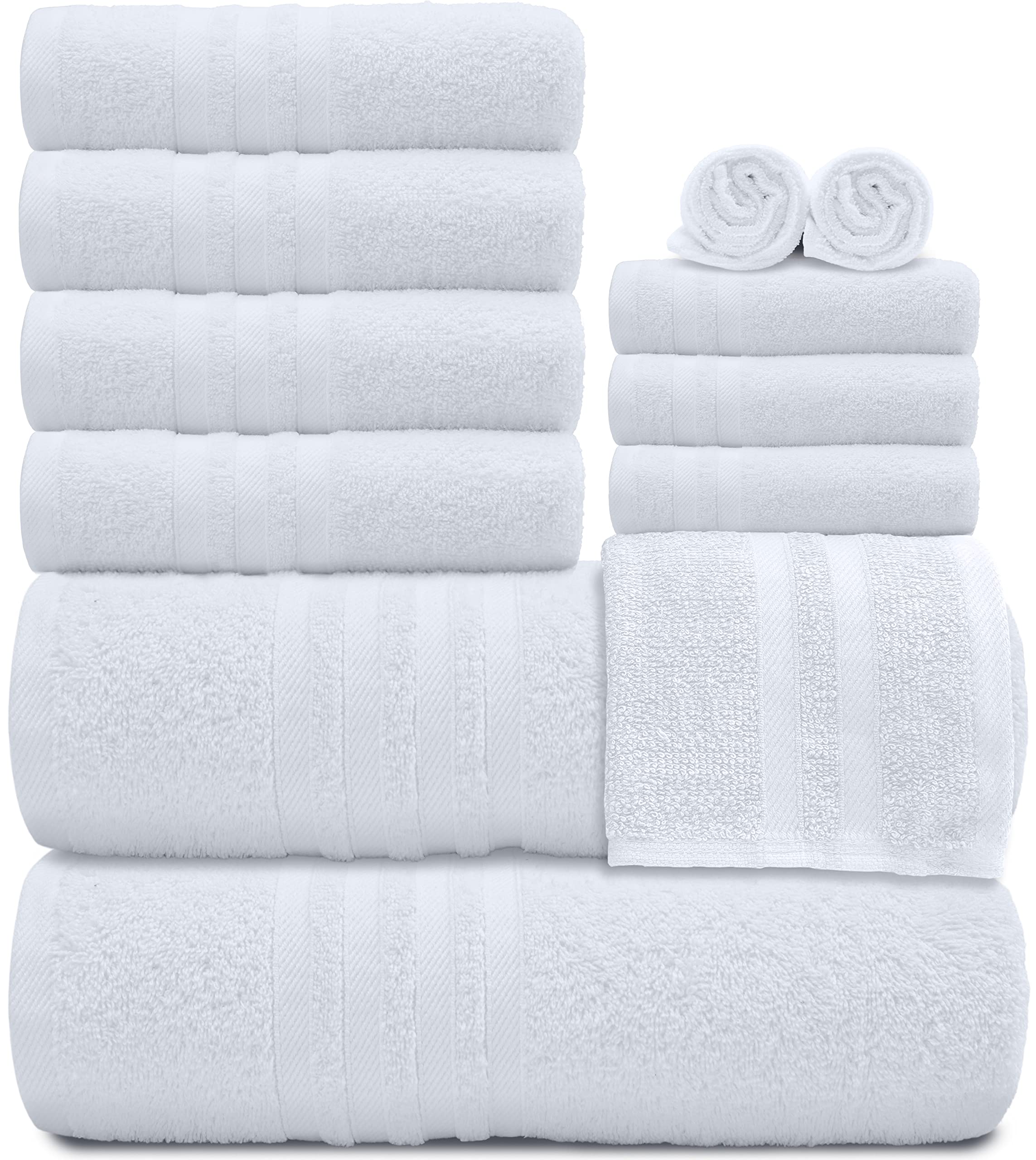 Wealuxe 12 Piece Bath Towel Set for Bathroom - 2 Bath Towels, 4 Hand Towels, 6 Washcloths 100% Cotton Soft and Plush Highly Absorbent, Soft Towel for Hotel & Spa - White