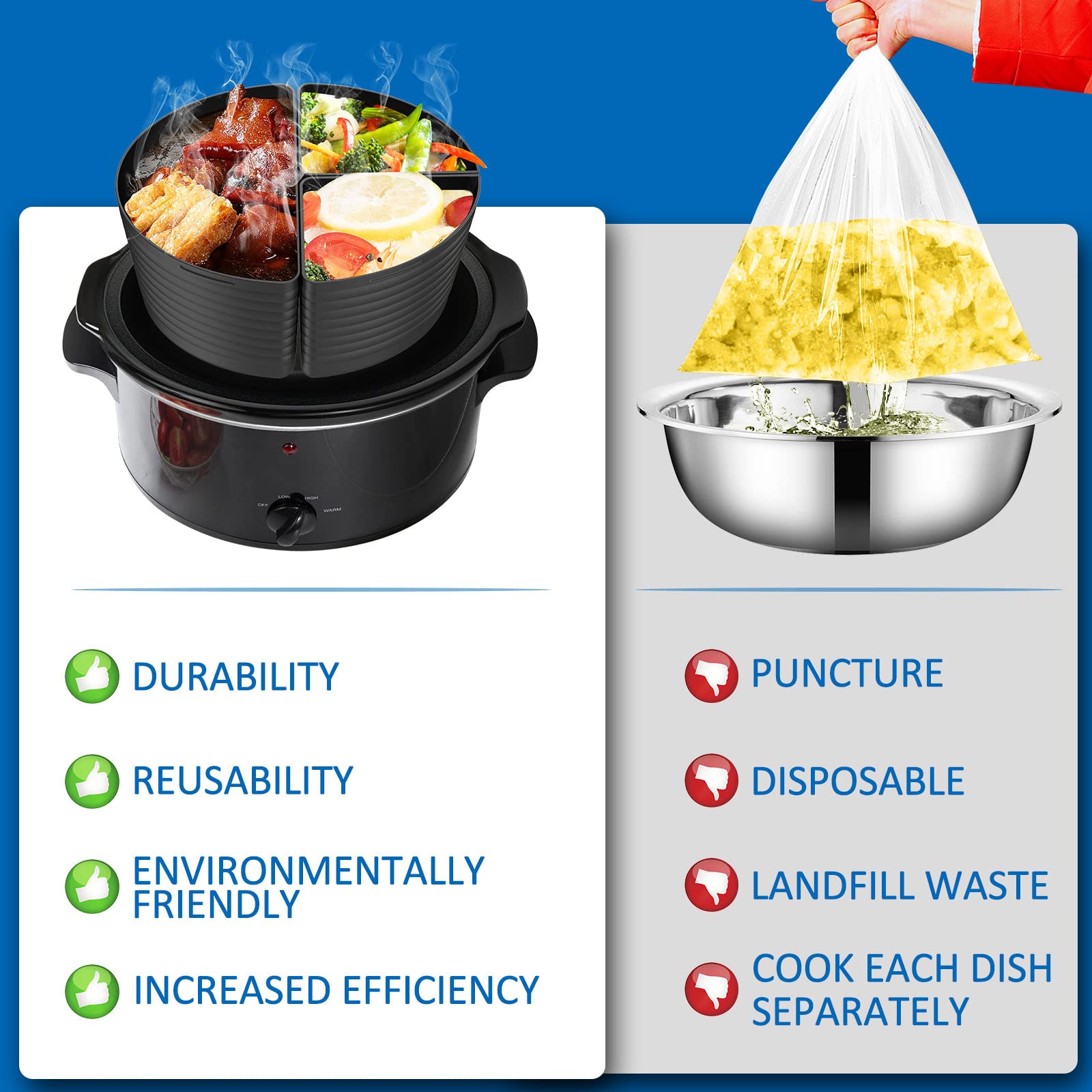 2023 Upgrade Silicone Crock Pot Liner Fit for Crockpot 6 QT Oval, BPA Free Reusable Slow Cooker Divider Insert Separator Bags Triple Pockets, Dishwasher Safe (3 Dividers)