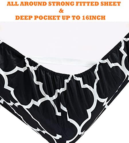 Elegant Comfort 6-Piece Quatrefoil Printed Deep Pocket Bed Sheet Set, Luxurious Silky 1500 Thread Count Bed Sheet Set Ultra Soft Wrinkle Resistant Bedding Set, Queen, Black