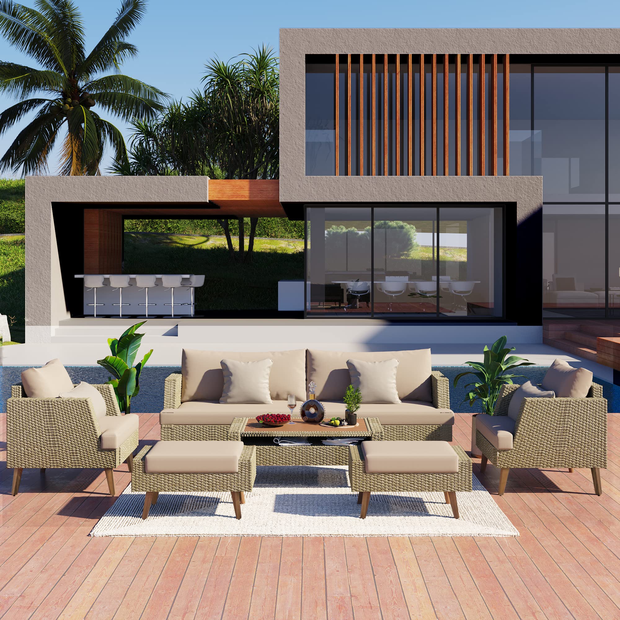 Merax 6-Pieces All Weather PE Wicker Sofa Set, Outdoor Rattan Sofa with Double Cushions, Wood Legs Wood Table Top