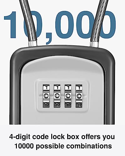 Puroma Lock Box, Key Lock Box Wall Mount Combination Lockbox, Portable Waterproof Key Storage Lockbox with Removable Cable Handle for Apartment Realtor's House Keys, Warehouse Spare Key (1 Pack, Grey)