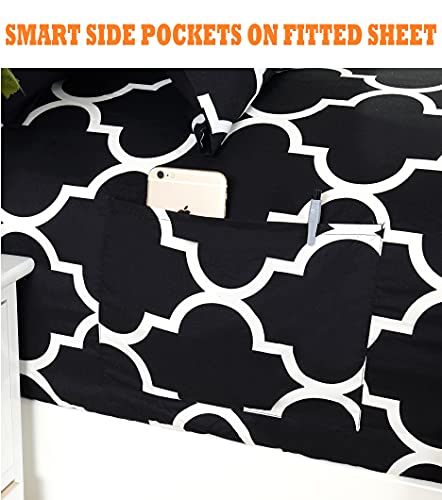Elegant Comfort 6-Piece Quatrefoil Printed Deep Pocket Bed Sheet Set, Luxurious Silky 1500 Thread Count Bed Sheet Set Ultra Soft Wrinkle Resistant Bedding Set, Queen, Black