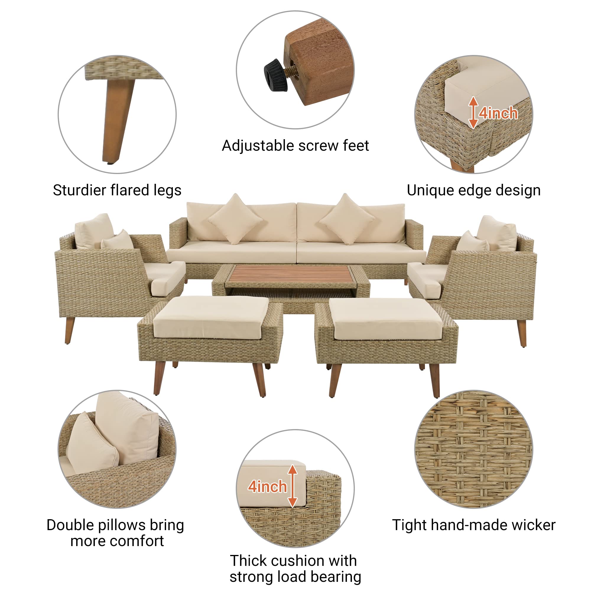 Merax 6-Pieces All Weather PE Wicker Sofa Set, Outdoor Rattan Sofa with Double Cushions, Wood Legs Wood Table Top