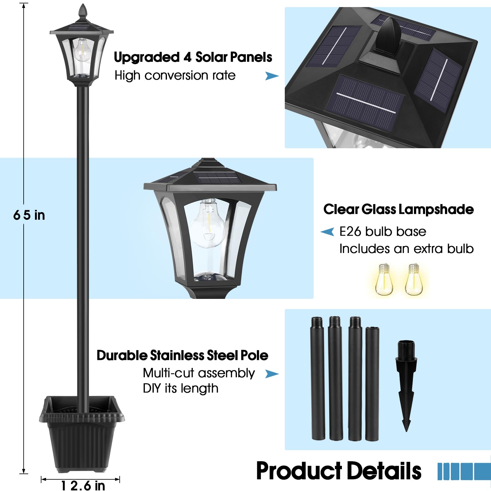 Mancra 65" Solar Lamp Post Light with Planter, Glass 60 Lumens Solar Garden Lights Outdoor Waterproof Solar Pole Lights Patio Decor, Warm White