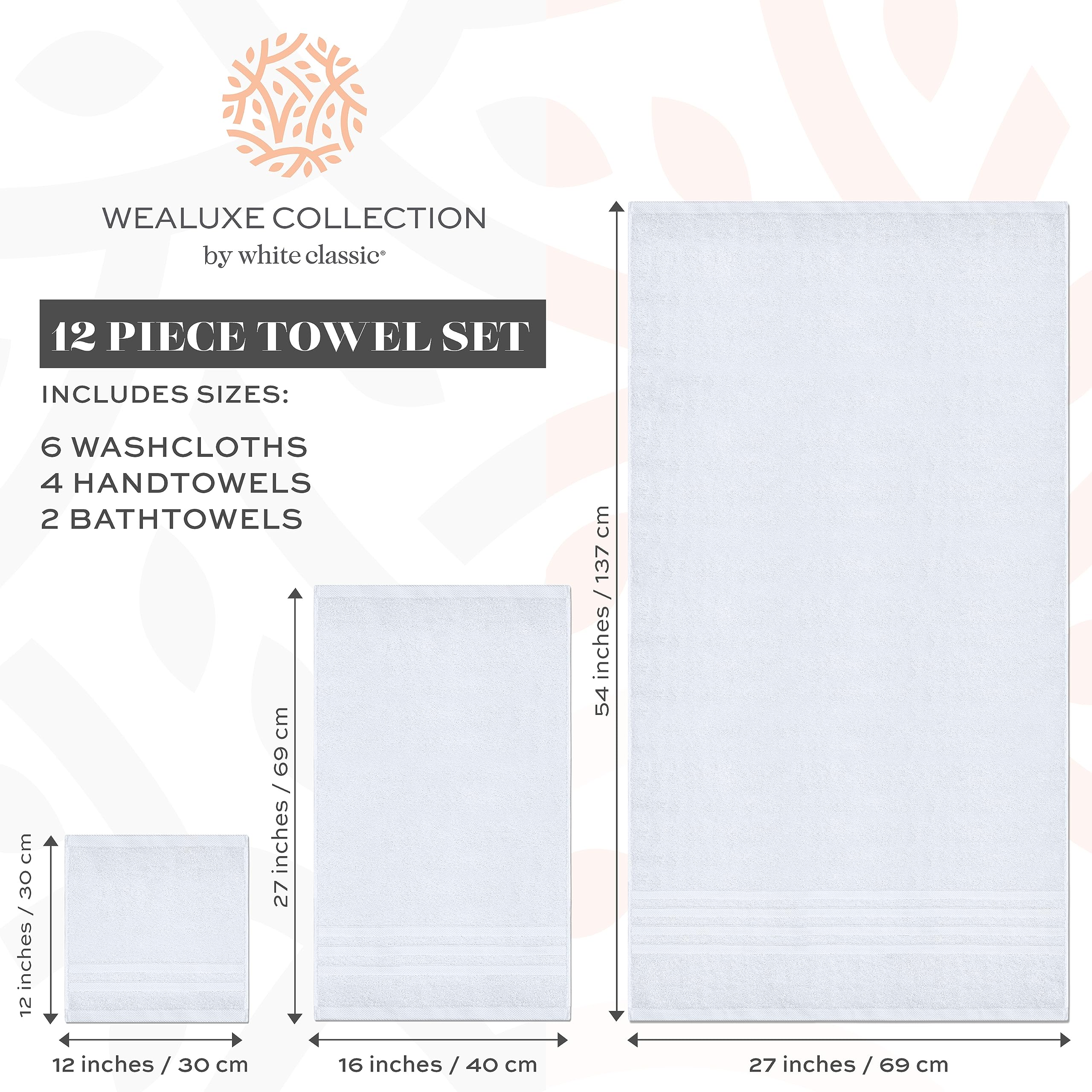Wealuxe 12 Piece Bath Towel Set for Bathroom - 2 Bath Towels, 4 Hand Towels, 6 Washcloths 100% Cotton Soft and Plush Highly Absorbent, Soft Towel for Hotel & Spa - White