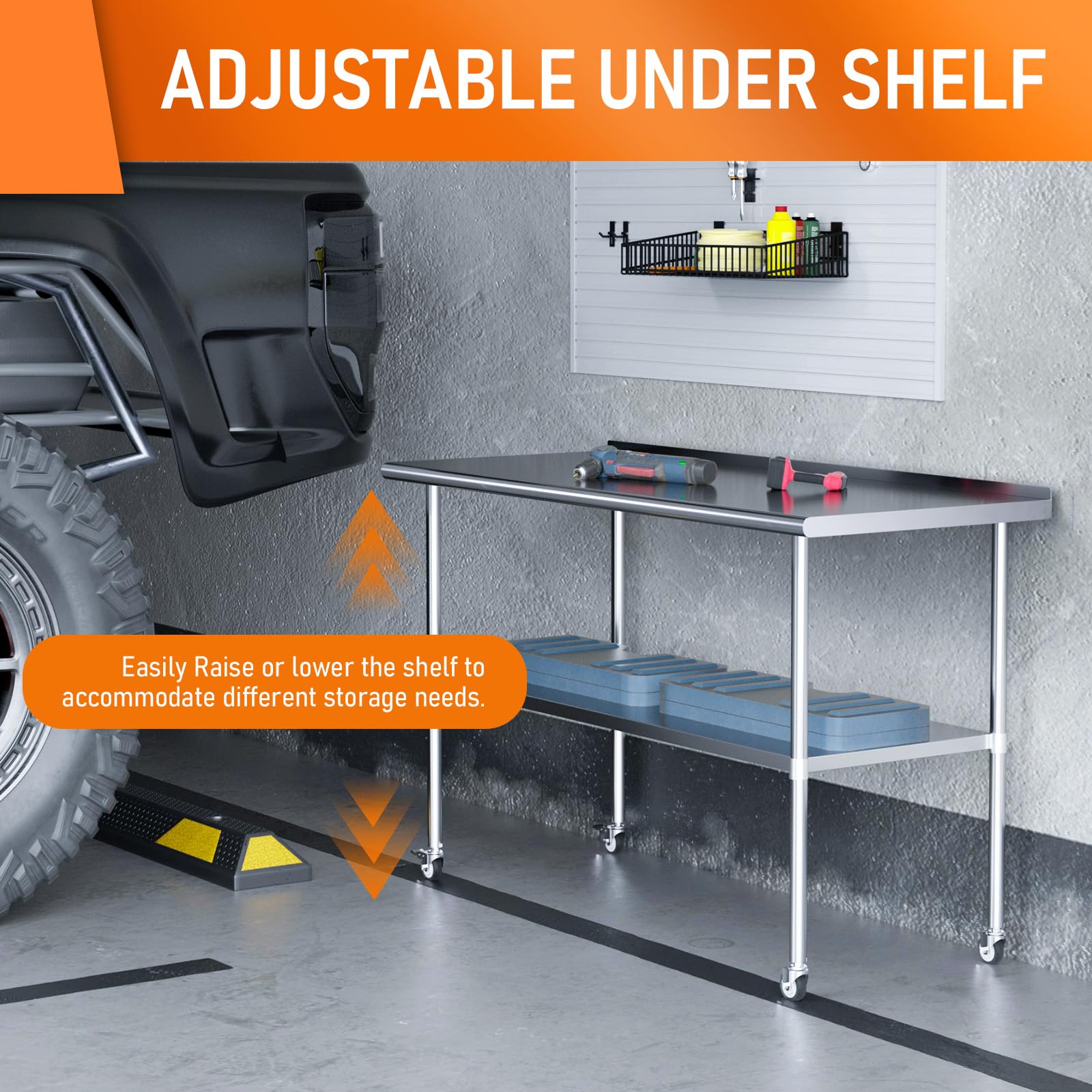 HOCCOT Stainless Steel Prep & Work Table with Adjustable Shelf, with Backsplash and Wheels, Kitchen Island, Commercial Workstations, Utility Table in Kitchen Garage Laundry Room Outdoor BBQ, 24" X 60"