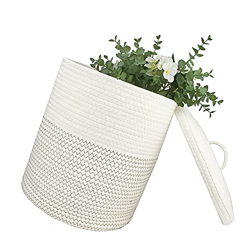 Yimi's Dream Woven Basket with Lid, Decorative Rope Storage Baskets for Organizing, medium Baskets for Baby, Kids, Toys, Blanket, Woven Baskets for Storage (White & Blacksuture, 12D x 13.5H inch)