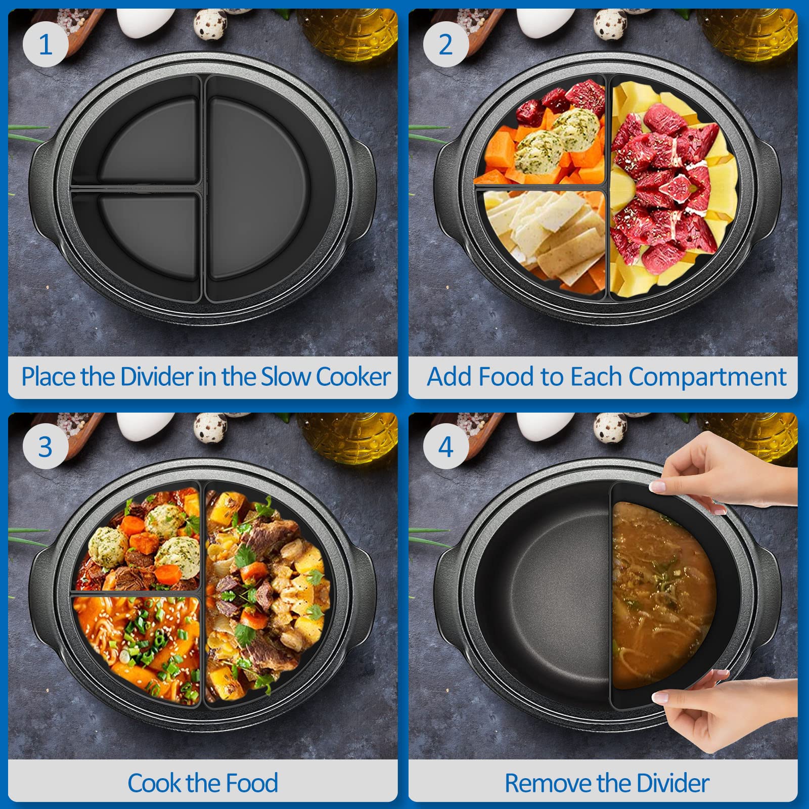 2023 Upgrade Silicone Crock Pot Liner Fit for Crockpot 6 QT Oval, BPA Free Reusable Slow Cooker Divider Insert Separator Bags Triple Pockets, Dishwasher Safe (3 Dividers)
