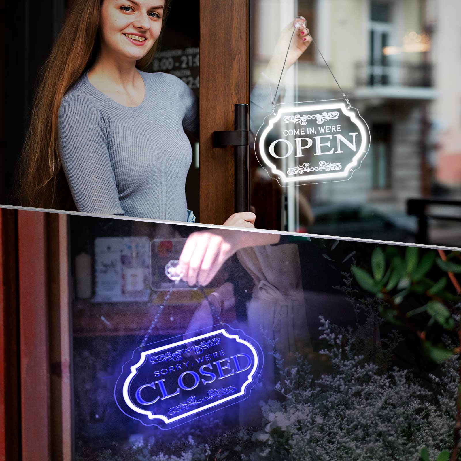 MinIeoh Open Closed LED Neon Sign, 3D Engraved Light Up Wall Door Window Decor Sign, 2PCS/SET, For Business Coffee Beer Salon Studio Bar Restaurants Hotel Office