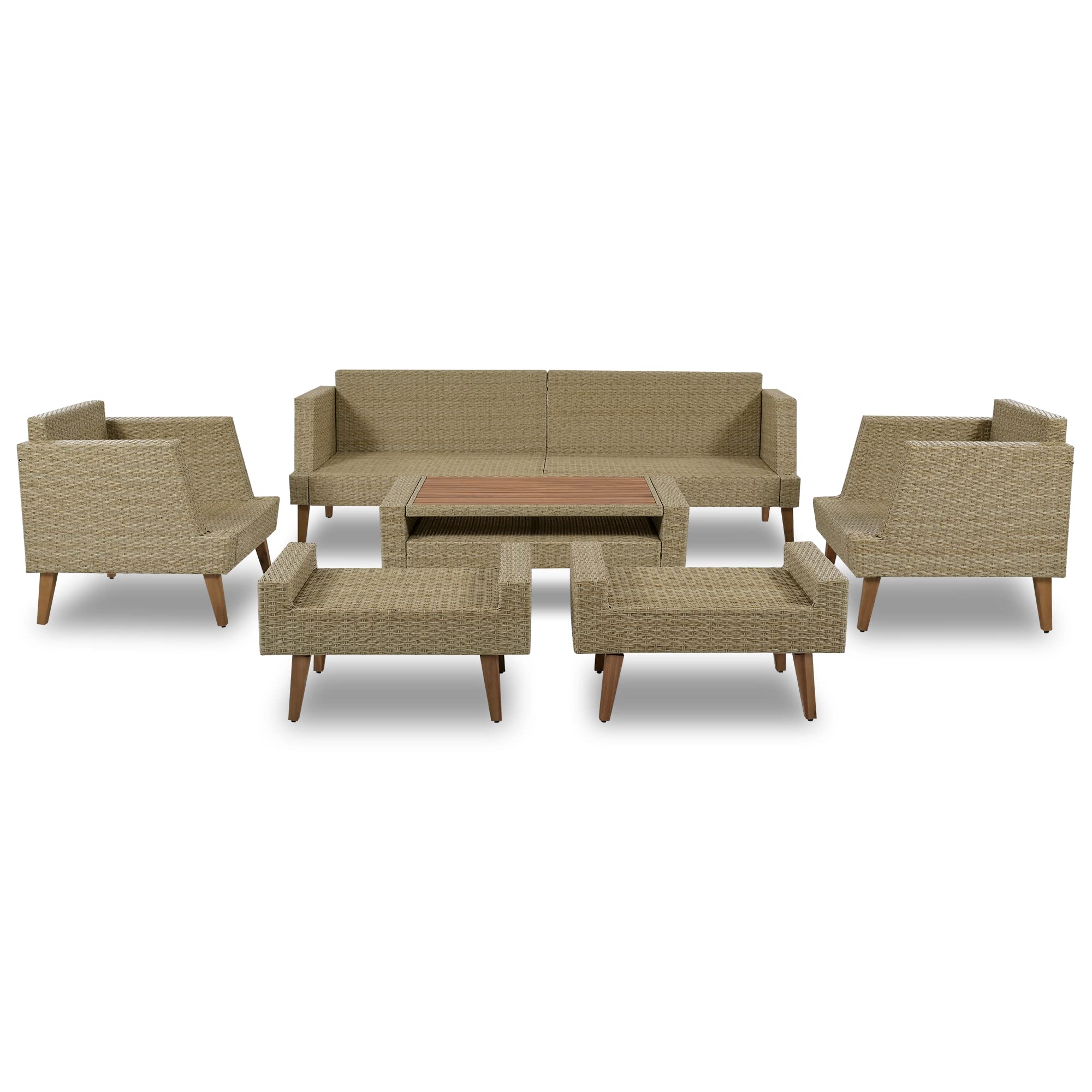 Merax 6-Pieces All Weather PE Wicker Sofa Set, Outdoor Rattan Sofa with Double Cushions, Wood Legs Wood Table Top