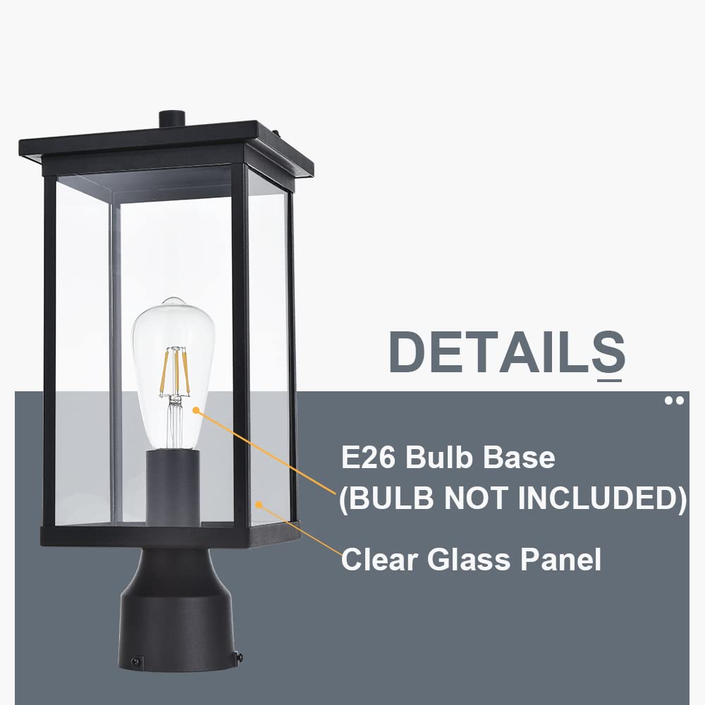 TODOLUZ Outdoor Post Light Fixture, Black 1-Light Exterior Post Lantern with Clear Glass, Porch Post Lighting for Patio Garden Walkway Path Doorway