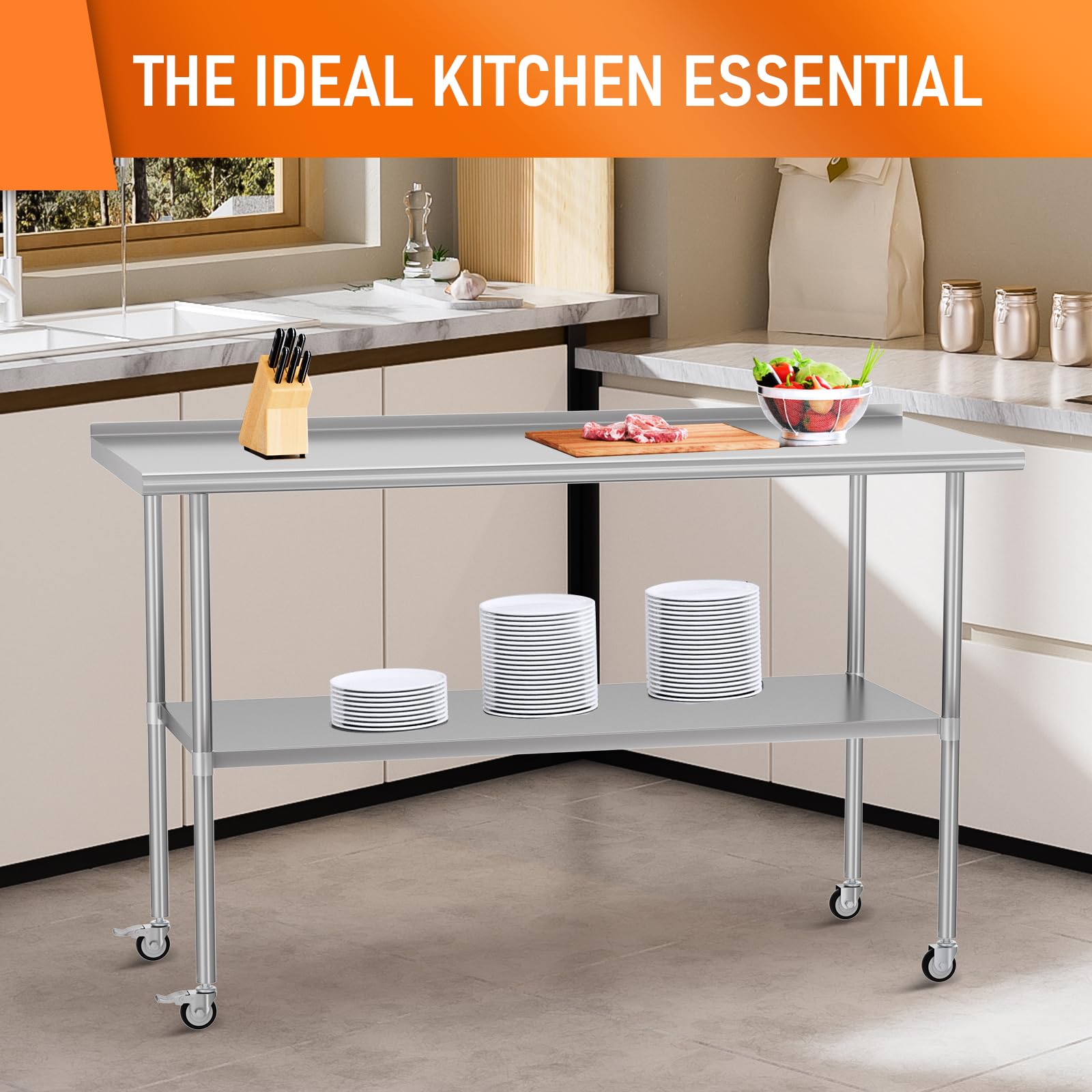 HOCCOT Stainless Steel Prep & Work Table with Adjustable Shelf, with Backsplash and Wheels, Kitchen Island, Commercial Workstations, Utility Table in Kitchen Garage Laundry Room Outdoor BBQ, 24" X 60"