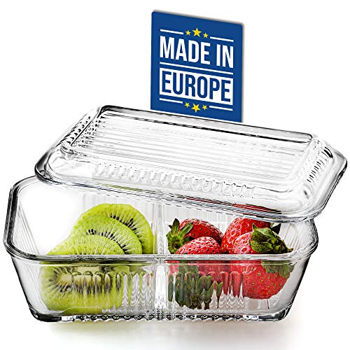 Crystalia Divided Glass Food Storage Containers with Lid, 2 Compartment Glass Meal Prep Containers for Butter and Honey, Lunch, Snacks, Leftovers, Divided Storage Glassware, 13.7 oz