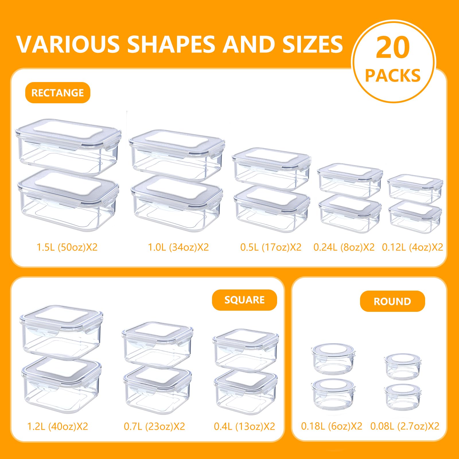 CHANCETSUI 40 Piece Food Storage Containers with Lids for Lunch, Airtight Leak-Proof Plastic Food Containers for Pantry & Kitchen Storage Organization, Stackable Freezer Containers