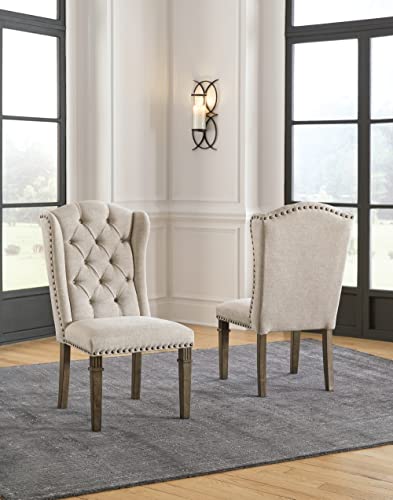 Signature Design by Ashley Markenburg 20" Retro Tufted Upholstered Dining Side Chair with Nailheads, Set of 2, Beige & Dark Brown