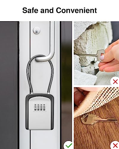Puroma Lock Box, Key Lock Box Wall Mount Combination Lockbox, Portable Waterproof Key Storage Lockbox with Removable Cable Handle for Apartment Realtor's House Keys, Warehouse Spare Key (1 Pack, Grey)