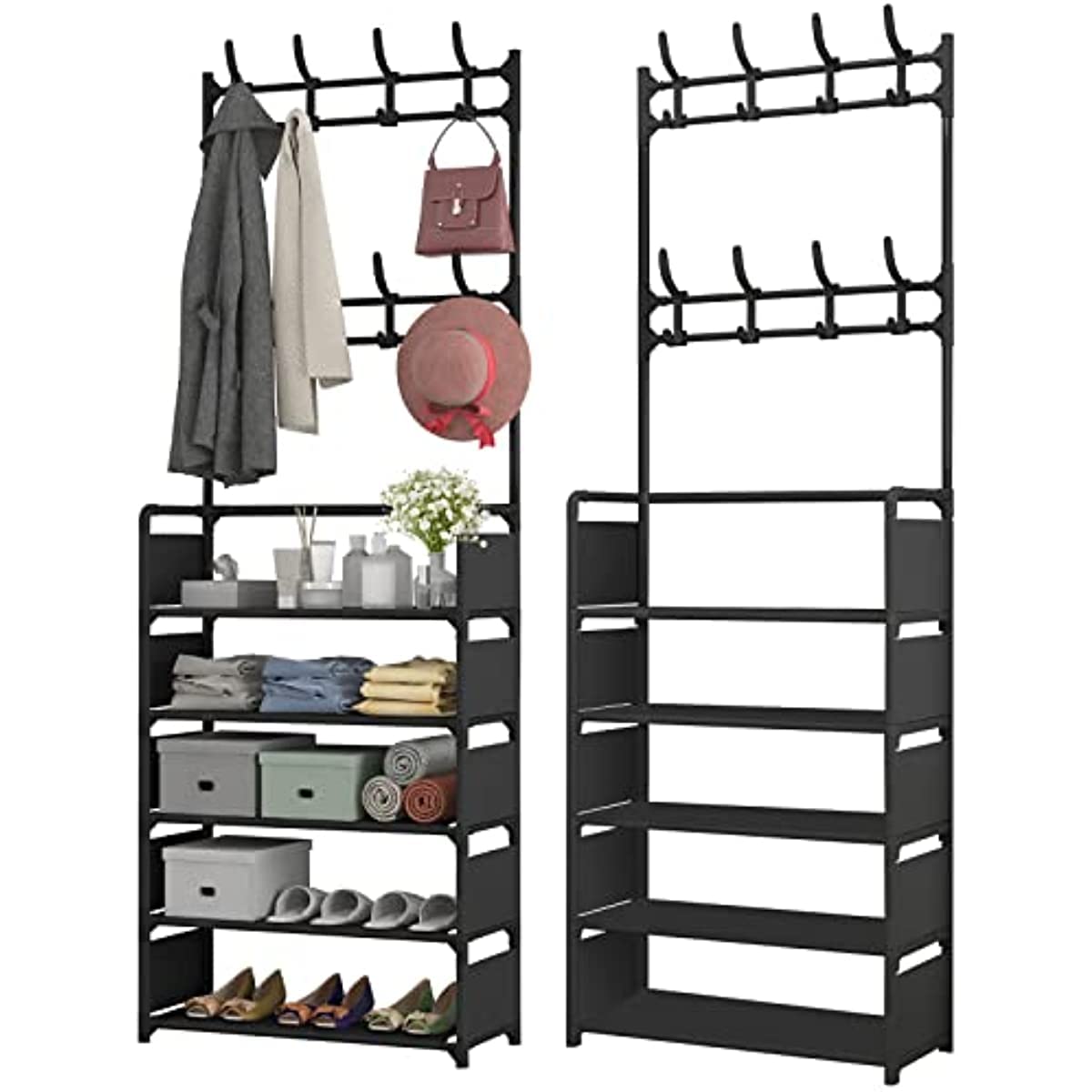 AriceHou 5-Tier Coat and Shoe Rack,Entryway Coat Rack Hallway Bench Storage Organizer with 8 Hooks and Side cloth for Living Room,Bedroom,Office Hall Trees