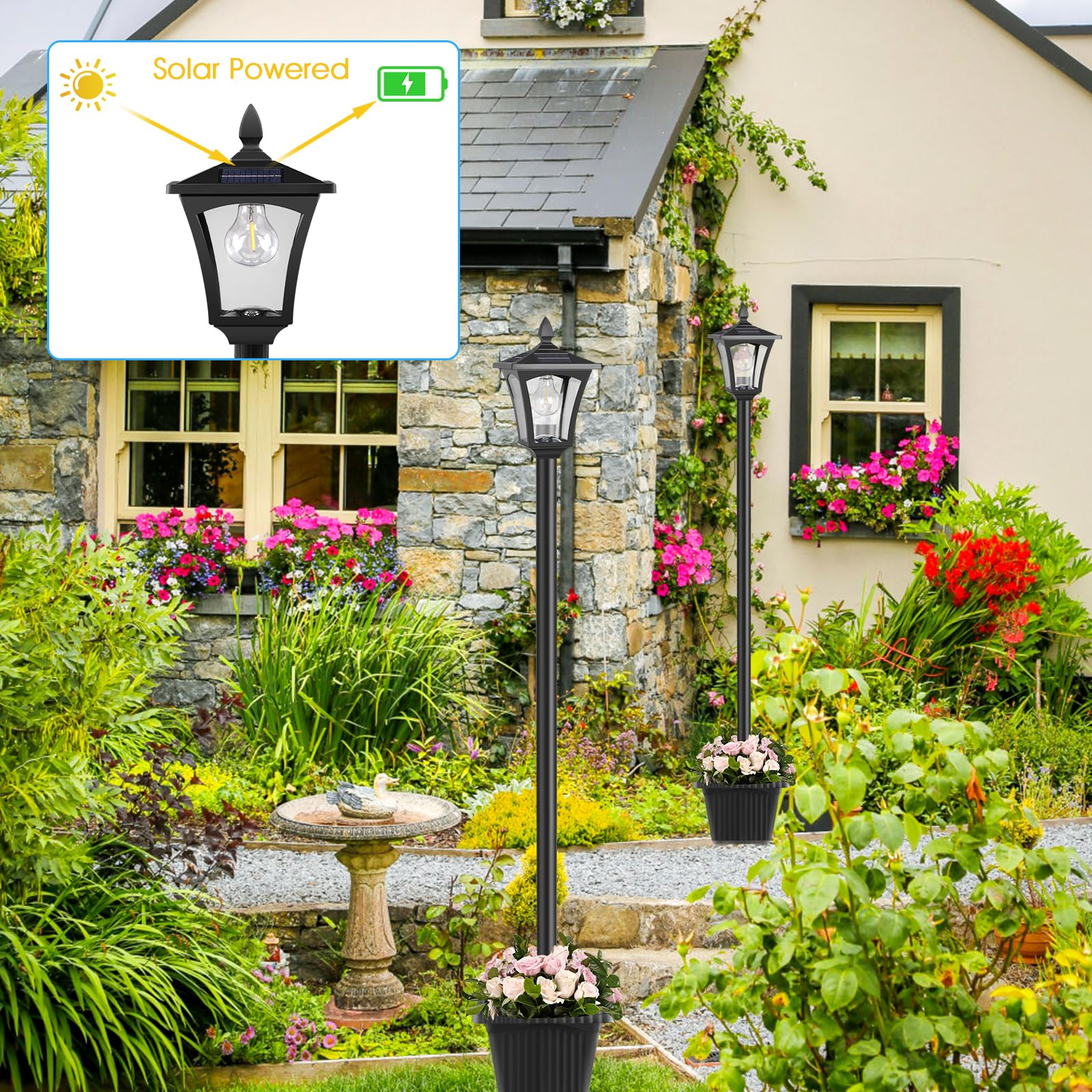Mancra 65" Solar Lamp Post Light with Planter, Glass 60 Lumens Solar Garden Lights Outdoor Waterproof Solar Pole Lights Patio Decor, Warm White