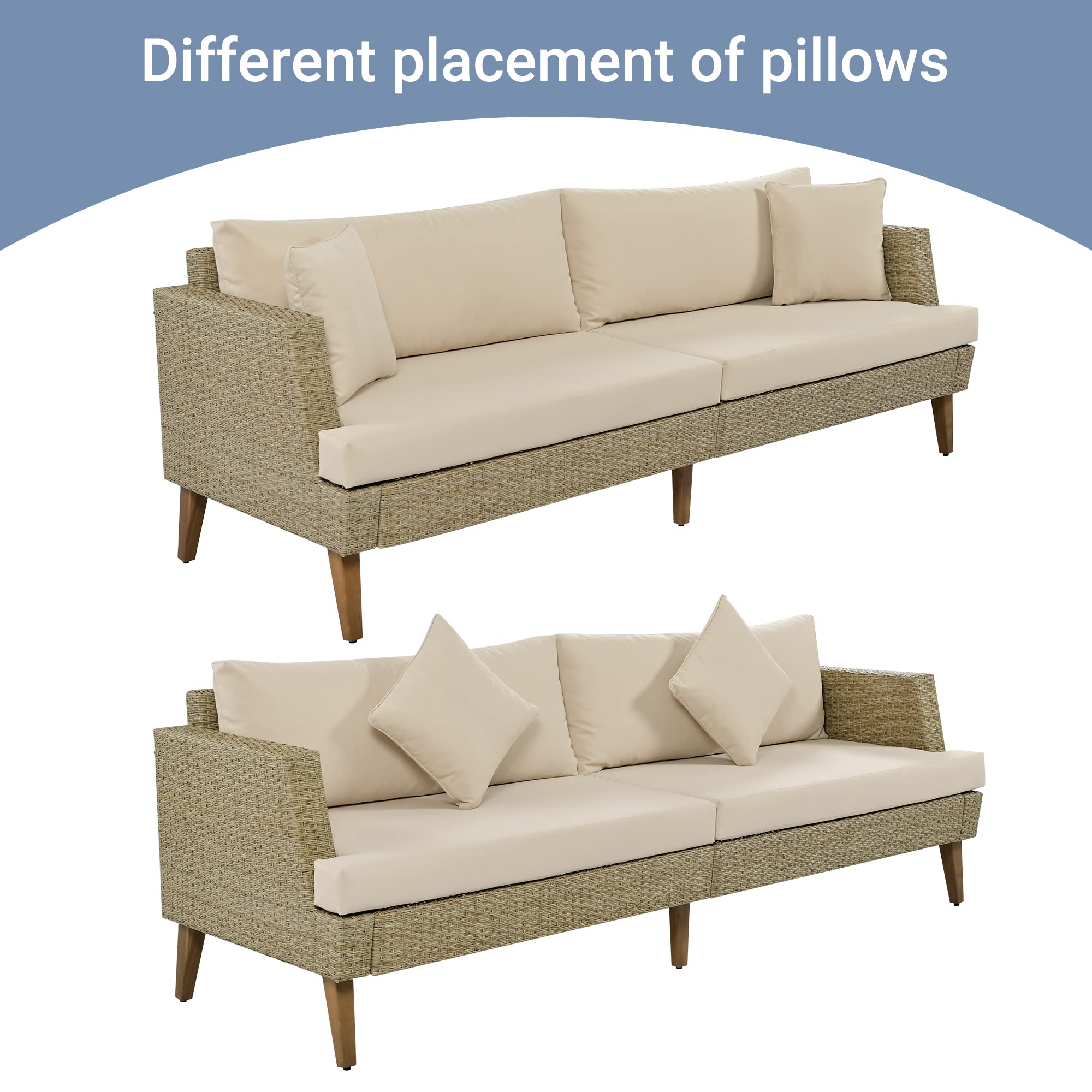 Merax 6-Pieces All Weather PE Wicker Sofa Set, Outdoor Rattan Sofa with Double Cushions, Wood Legs Wood Table Top