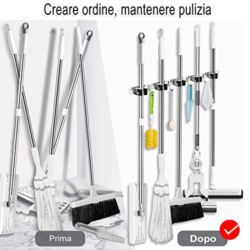 3 Racks and 4 Hooks Broom and Mop Holder Wall Mounted Garage Organizer Storage Tool Racks Stainless Steel Heavy Duty Hooks Self Adhesive Solid Non-slip Wall Hangers for Home Kitchen Garden Laundry