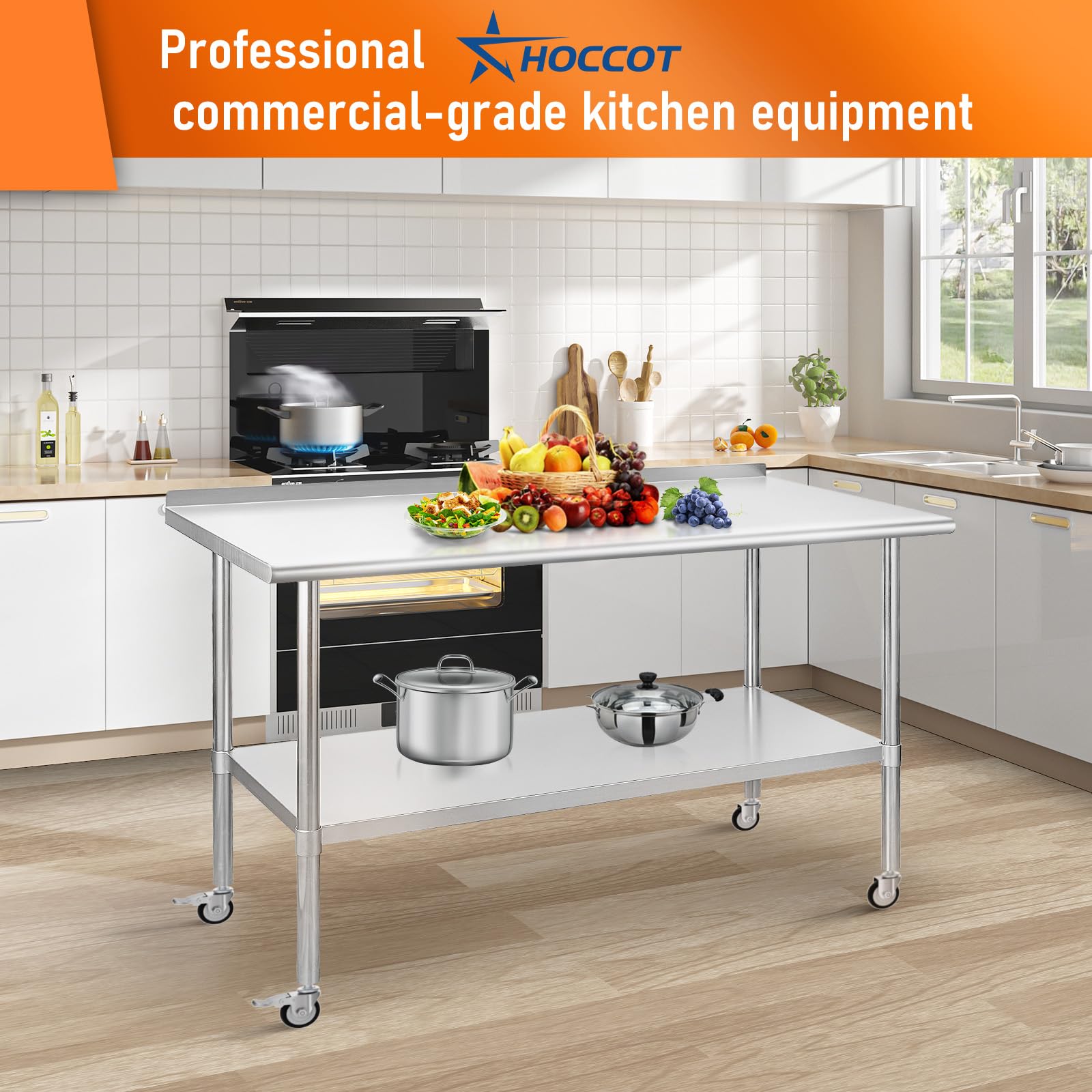 HOCCOT Stainless Steel Prep & Work Table with Adjustable Shelf, with Backsplash and Wheels, Kitchen Island, Commercial Workstations, Utility Table in Kitchen Garage Laundry Room Outdoor BBQ, 24" X 60"